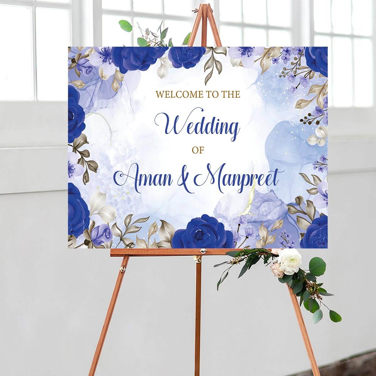 Beautiful Blue Floral Theme Wedding Welcome Board